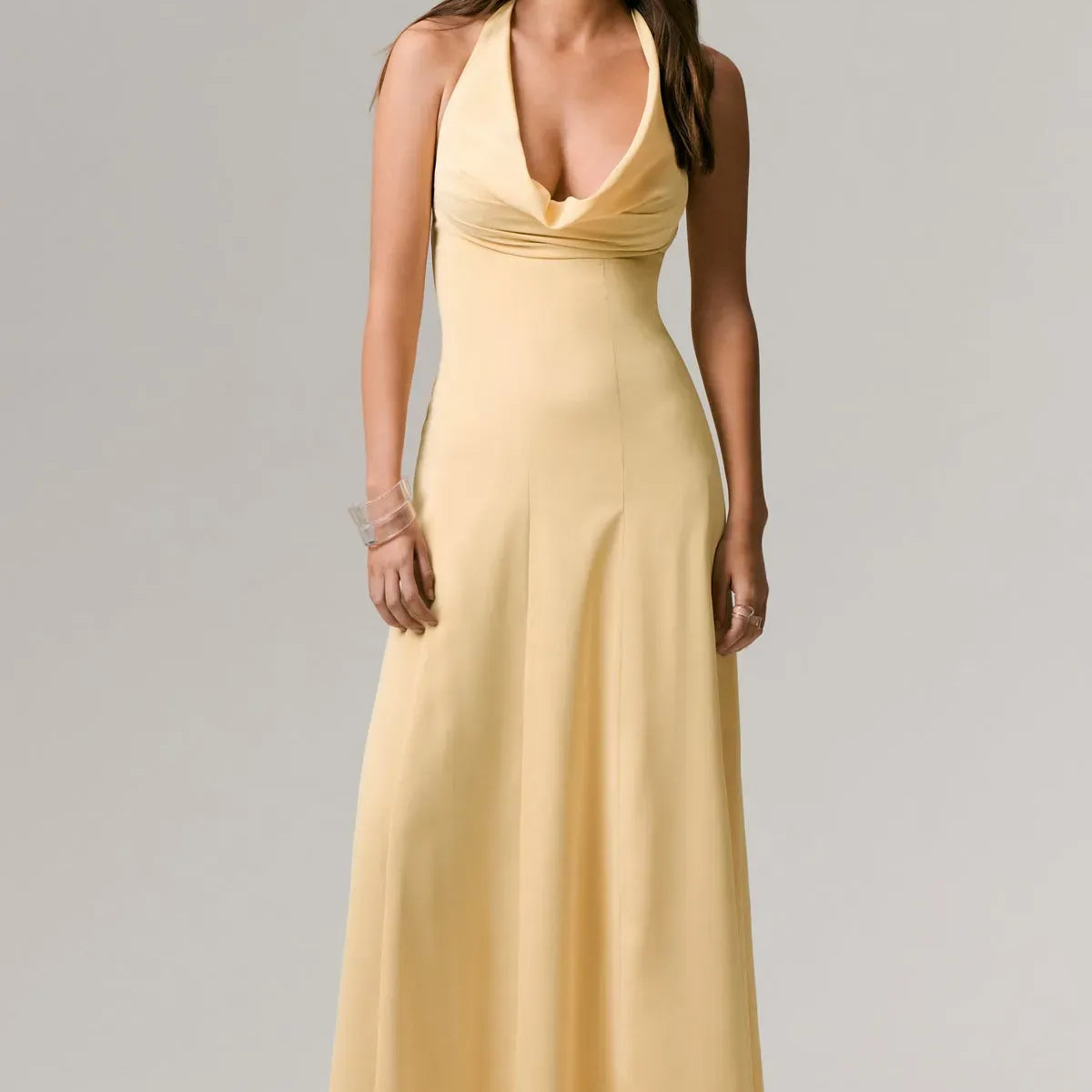 Elegant Halter Neck Prom Dress in Pale Yellow with Cowl Neckline and F ...
