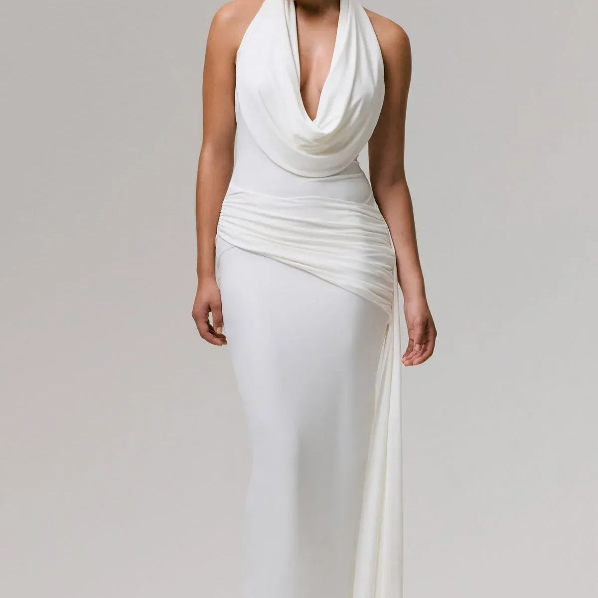 Timeless Sculpted Drape Gown Cowl Halter Ruched Sash Trailing Drape fo ...