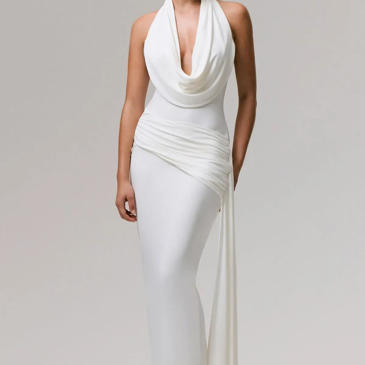 Timeless Sculpted Drape Gown Cowl Halter Ruched Sash Trailing Drape fo ...